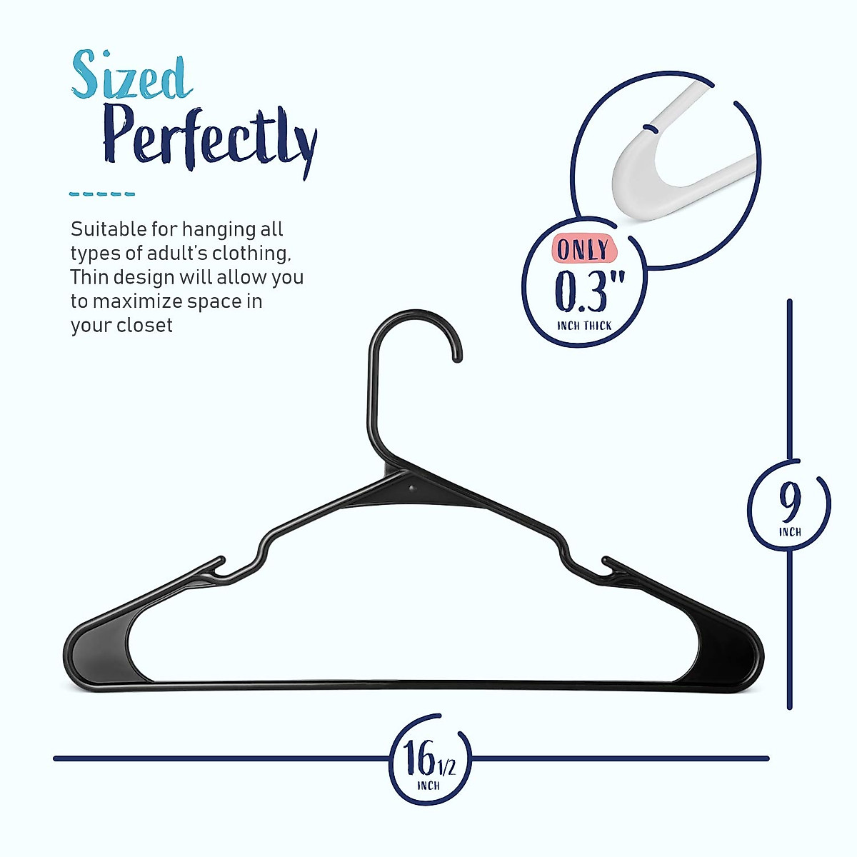 Hangorize Plastic Hangers 20 Pack, Standard-Size Clothes Black Plastic Hangers w/Notches - Black Hangers Plastic for Clothing & Accessories - Closet Organization Essentials for Home, Apartment, Dorm