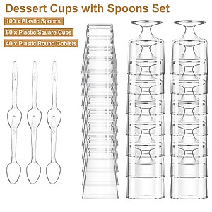 200Pcs Dessert Cups with Spoons 100Pcs 5 OZ Mini Clear Plastic Appetizer Parfait Cup 100 Spoon Small Fruit Ice Cream Mousse Pudding Serving Bowl Shooter for Party Square Wine Shot Glasses Round Goblet