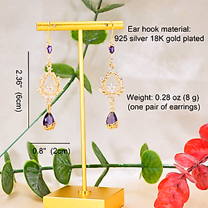 MOMOCAT 18K Gold Plated Purple Amethyst Crystals Flower Long Big Hoop Dangle Earrings Baroque Style Unique Costume Earrings Dangling Fashion Cute Jewelry for Women Teen Girls