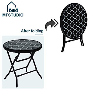 MFSTUDIO Patio Side Table, Folding Portable Round Bistro Coffee Table, Tempered Glass Metal End Table, Plant Stand for Indoor & Outdoor Garden Backyard Lawn Poolside, 18 inch Pattern Black