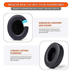 Wicked Cushions Ear Pads for Beats Studio 3 - Also fits Beats Studio 2 (Models B0501 / B0500) | Industrial Grade Adhesive & Ear Conforming Comfortable Memory Foam | Black