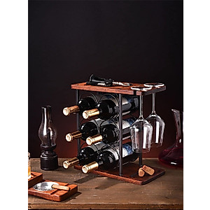 Fadak Wine Rack with Glass Stand, Countertop Wine Rack, Wooden Wine Rack with Trays, Perfect Home Decor & Kitchen Storage Rack, etc.(Accommodates 6 Bottles and 2 Glasses) (B)