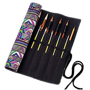 LaVenty Boho Roll Up Paint Brush Holder Painting Organization And Storage Artist Canvas Roll Pouch Bag Makeup Brushes Case Organizer Without Brushes