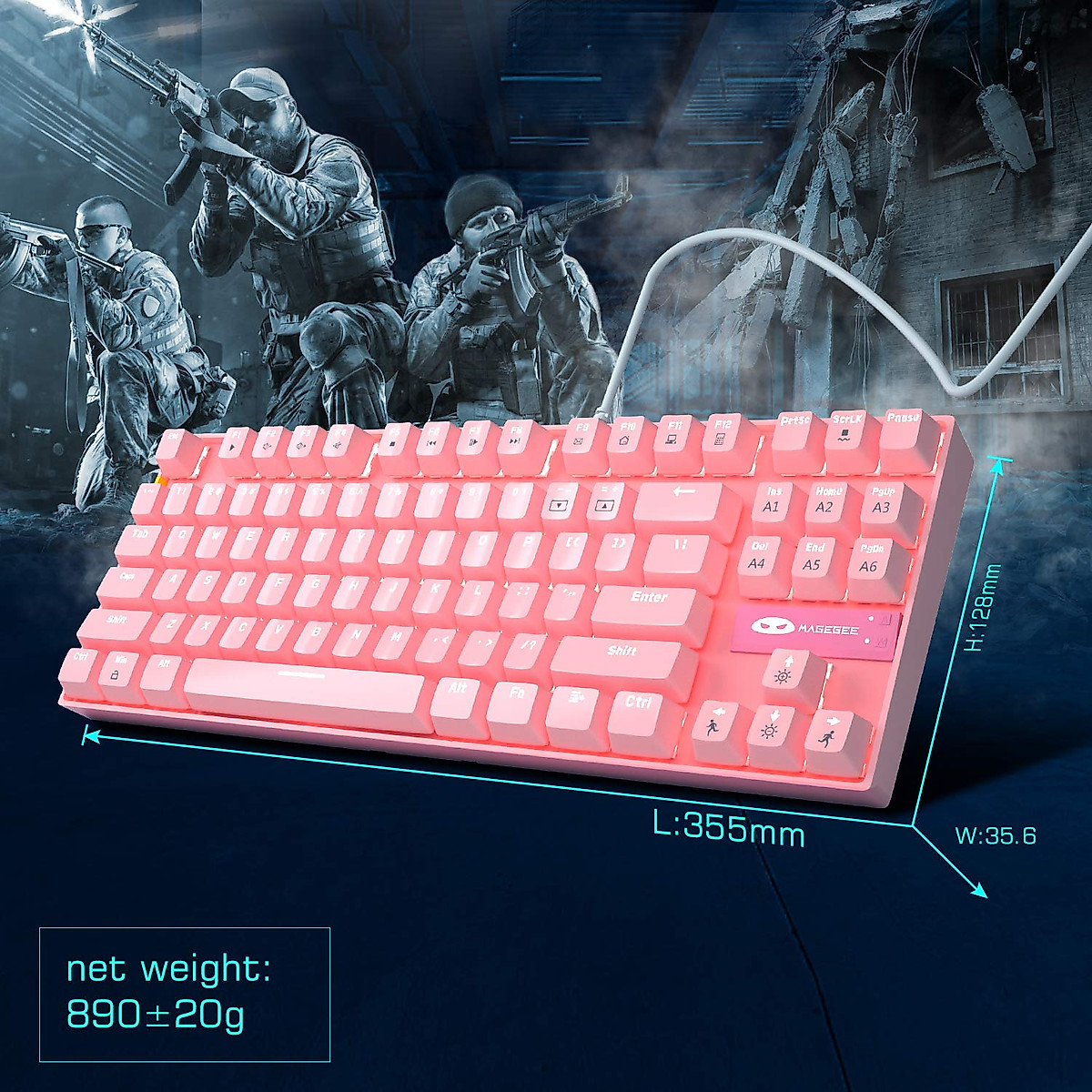 MageGee Mechanical Gaming Keyboard with Blue Switch, Compact 87 Keys Wired Computer Keyboard for Windows Laptop PC Gamer, LED White Backlit, Pink