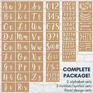 Boutique Calligraphy Stencil Template Kit - 45 Reusable Pieces - Includes Lettering Upper and Lowercase Both Large and Small, Numbers, Punctuation, Laurels and Flowers - for Arts Crafts Painting Wood