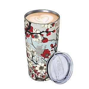 Zemwundy Red and white cherry blossoms 20oz tumbler stainless steel vacuum insulated coffee cup car cup travel mug water bottle with lid for hot and cold drinks