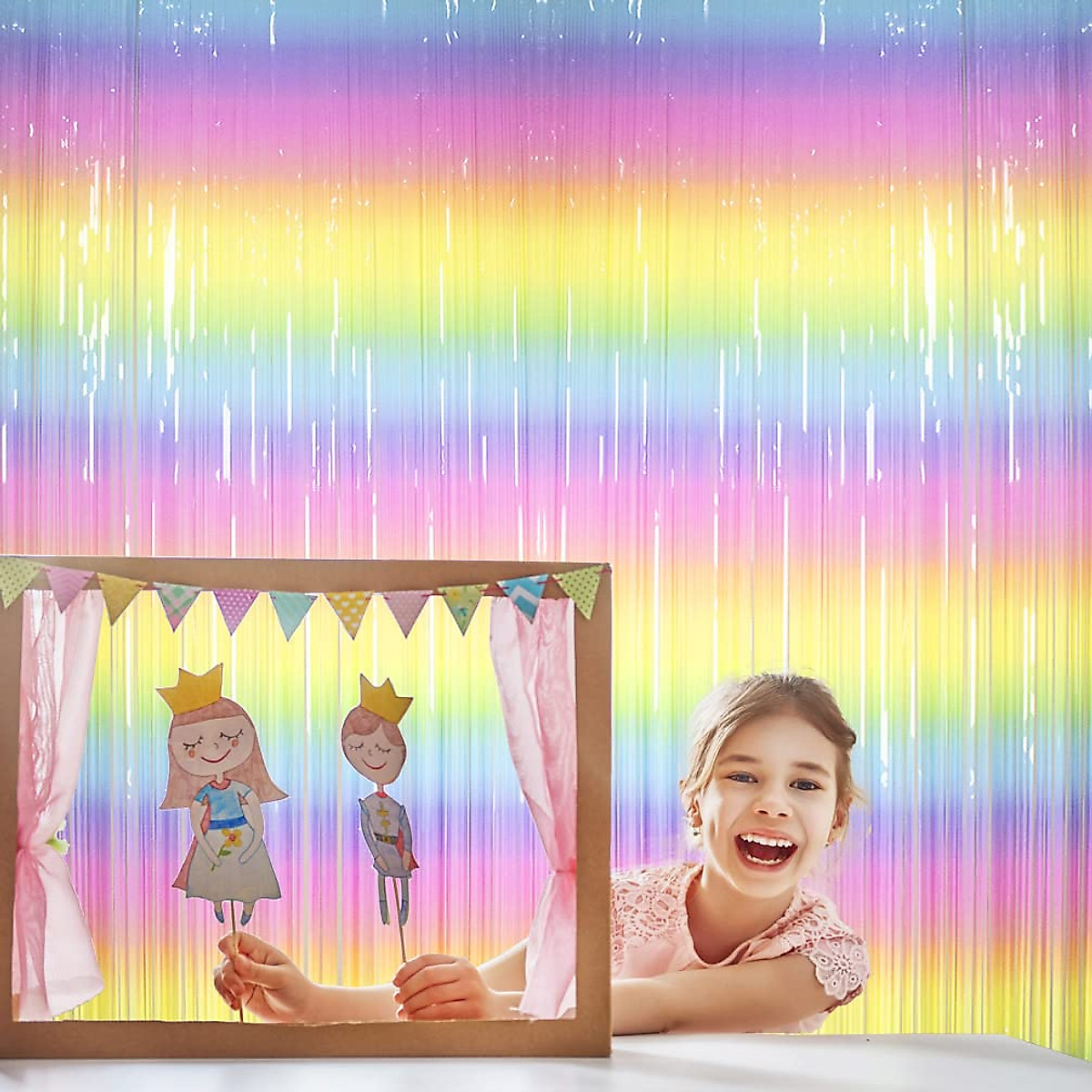 Rainbow Gradient Foil Fringe Curtain - LILF 2 Packs of 3.3ft x 8.3ft Ombre Tinsel Streamers for Bridal Baby Shower Kids Ice Cream Birthday Party Photo Booth Backdrop Decoration Props