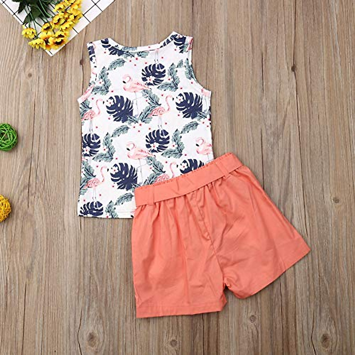 2Pcs/Set Fashion Toddler Kids Baby Girl Sleeveless T-Shirt Top+Floral Denim Shorts Outfits (Flamingo+Orange, 6-7 Years)