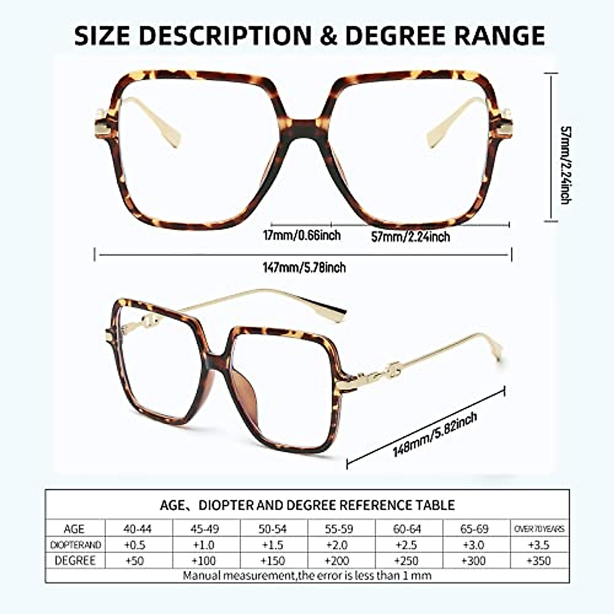 QxAiVMin Oversized Square Reading Glasses for Women, Large Frame Blue Light Blocking Compuer Readers, Big Rimmed Reading Glass