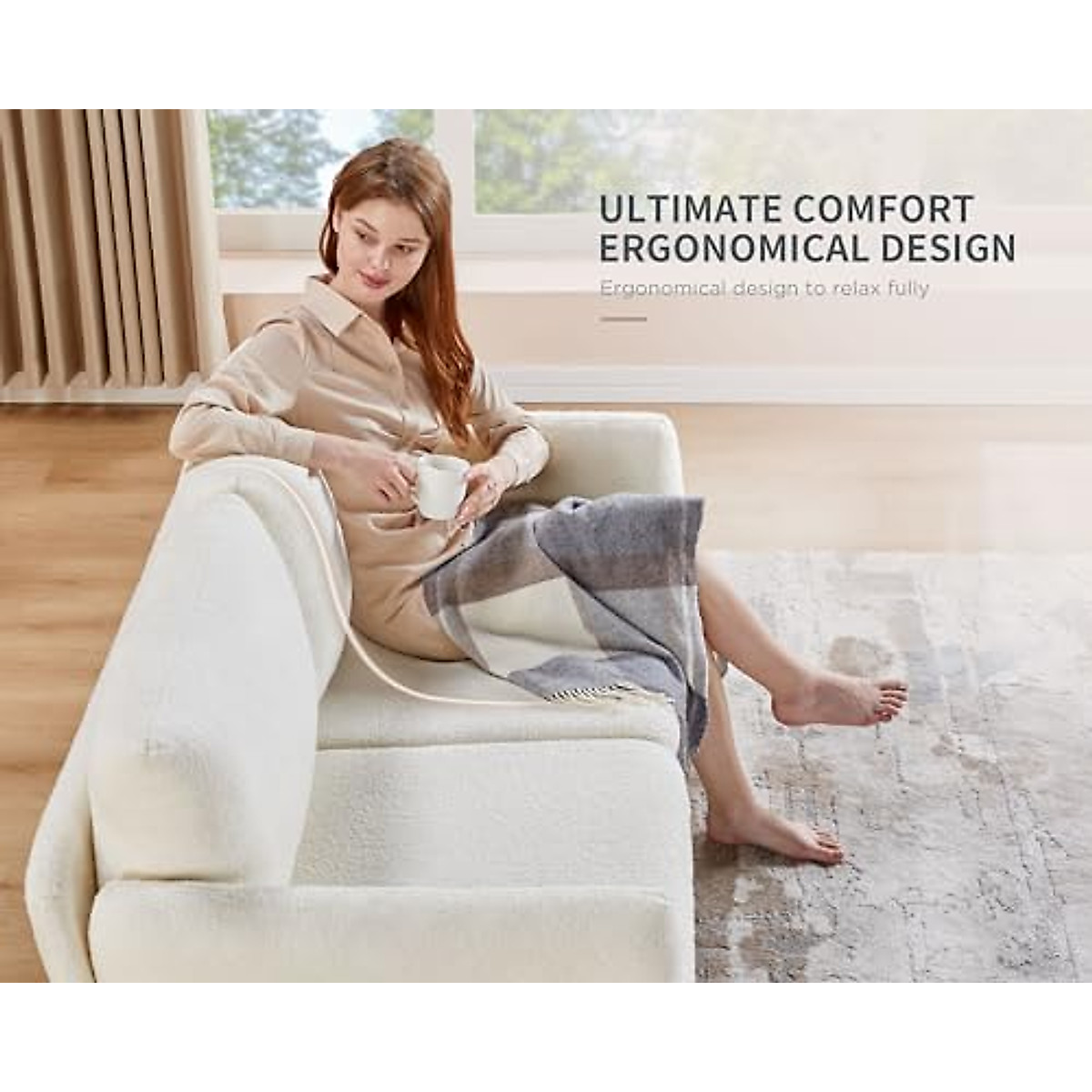 VanAcc Sofa, Modern Couch- Comfy Sofa Couch in Offwhite Bouclé with Embedded Armrest, 3-Seater Couch for Living Room