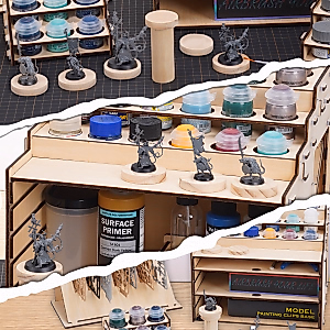 T TOGUSH Wooden Paint Organizer for 36 Holes of Citadel Paints and 36 Holes of Paint Brushes with Adjustable Storage wtih Model Pieces Shelf, Miniature Stands Holder Paint Rack for Miniature Paint Set