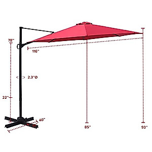 FLAME&SHADE 10 ft Cantilever Offset Outdoor Patio Umbrella with Base Stand Rotate and Tilt - Red