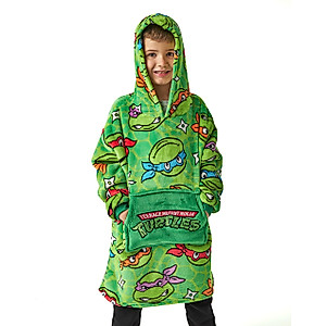 Teenage Mutant Ninja Turtles Boys Wearable Hooded Blanket | Green All Over Print Fleece Hoodie | Pullover Cartoon Loungewear