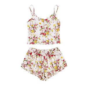 SheIn Women's Pajamas Sets Button Front Tank and Shorts Lounge Set Sleepwear White Floral X-Large