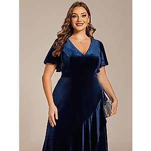 Ever-Pretty Women's V Neck High Waist Velvet Plus Size Mother of The Bride Dress Navy Blue US14