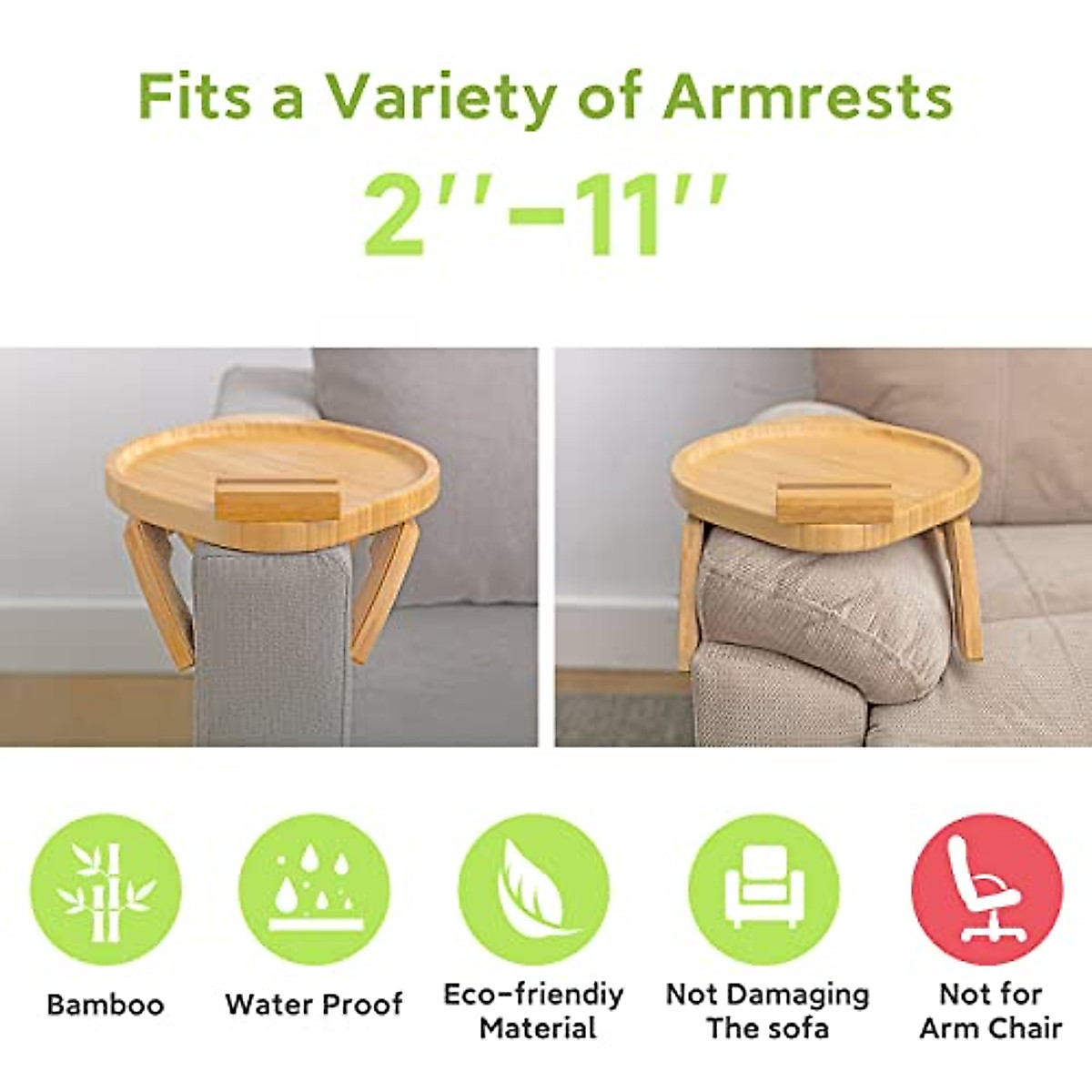 SINWANT Bamboo Sofa Tray Table Clip on Side Table Couch Arm with 360° Rotating Phone Holder, Couch Tray for Arm, Sofa Table for Eating/Drinks/Snacks/Remote/Control