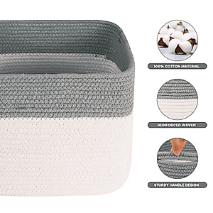 ANMINY 3PCS Cotton Rope Woven Storage Cubes Baskets Set with Handles Large Washable Decorative Open Storage Bins Boxes Nursery Baby Kid Toy Blanket Clothes Towel Laundry Organizer - Off White/Gray