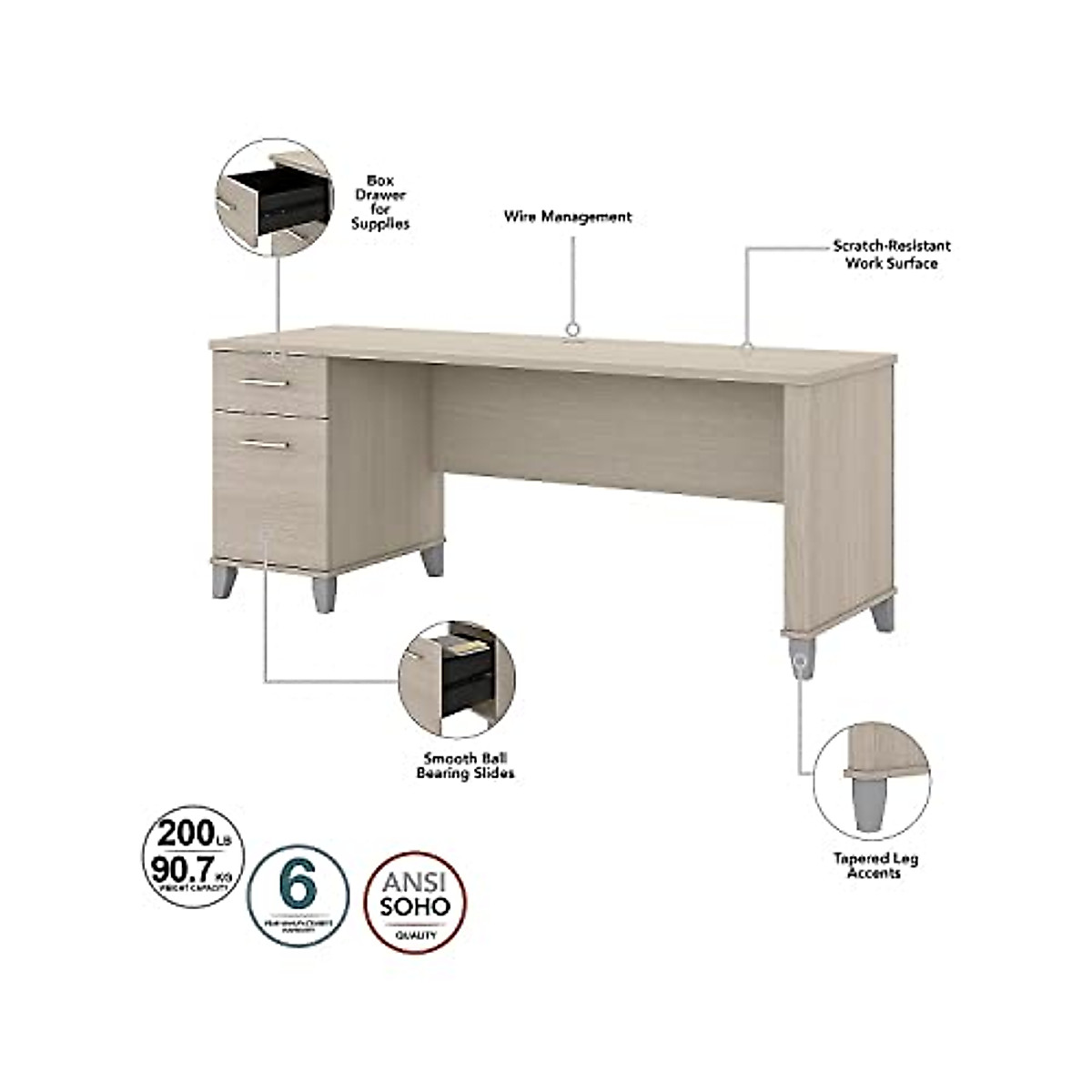 Bush Furniture Somerset 72W Office Desk with Drawers in Sand Oak