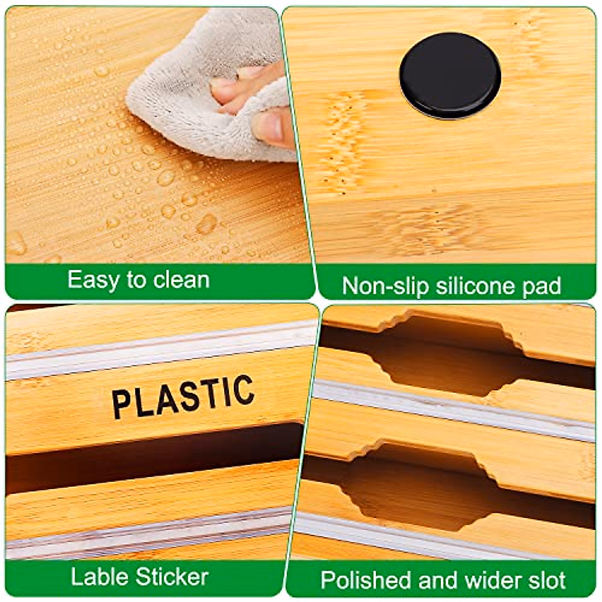 Foil and Plastic Wrap Organizer, 4 in 1 Plastic Wrap Stretch Film Dispenser with Cutter for 12'' Rolls, Storage for Parchment, Wax Paper, Bamboo Roll Organizer Holder for Kitchen Drawer