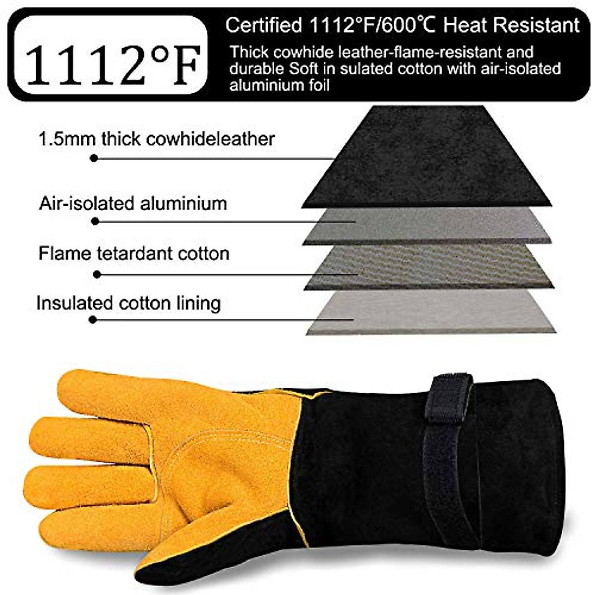 Cuwiny Welding Gloves, 1112°F Heat/Fire Resistant/Leather Forge Gloves, with Kevlar Stitching String, 16 inches Extra Long Sleeve and Fireproof Hook and Loop Tape,fit for Mig/Tig