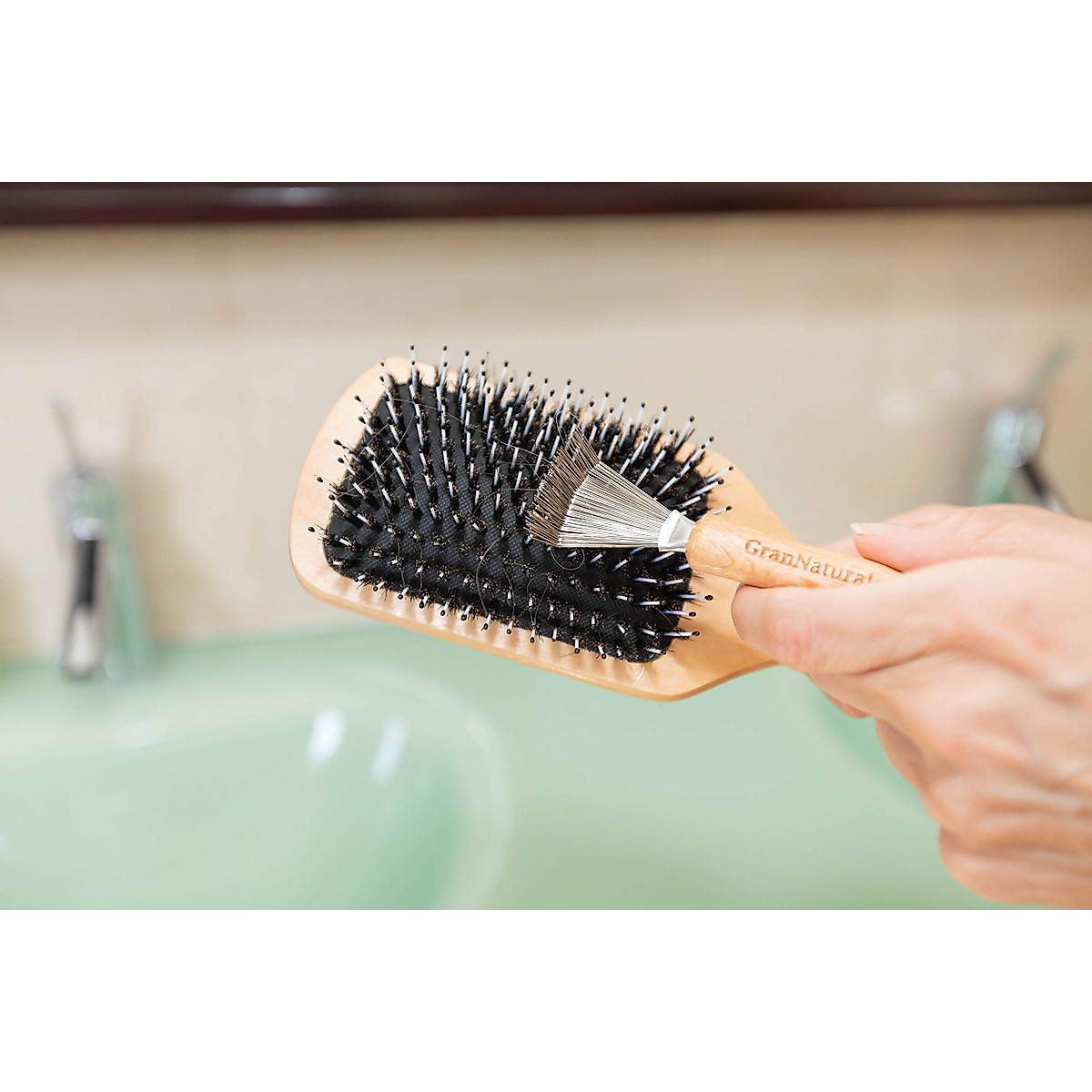 GranNaturals Hair Brush Cleaner - Rake Design for Pick Cleaning & Detangling Combs & Bristle Brushes - Durable Metal Wires, Ergonomic Wooden Handle - Quick Hair, Dust & Lint Remover Tool for Brushes
