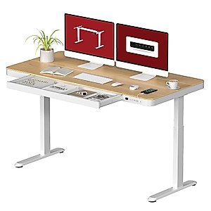 SANODESK Standing Desk with Drawer, Electric Height Adjustable Home Office Desk with Storage & USB Ports, 55 inch Maple Wood Tabletop/White Frame