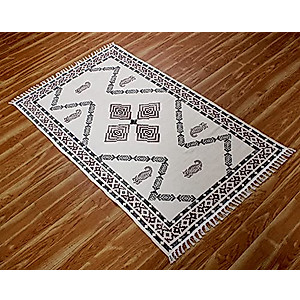 Casavani Hand Block Printed Rug Geometric Brown & Black Tassel Rug Easy Care Washable Rugs for Doormat Entryway Living Room Bedroom Hallway Balcony 9x15 Feet
