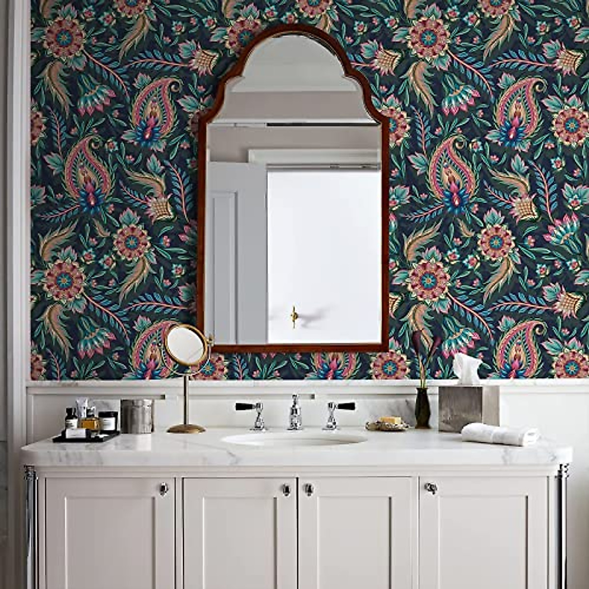 JiffDiff Floral Wallpaper Peel and Stick Vintage Wallpaper Paisley 17.3"x118" Navy Dark Blue/Pink Wallpaper Self Adhesive Contact Paper for Home Bedroom Cabinets Renter Friendly Wallpaper