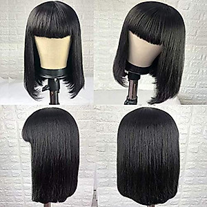 Cecycocy 14” Short Bob Wigs Brazilian Straight Human Hair Wigs With Bangs 100% Remy Human Hair Wigs 180% Density None Lace Front Wigs Glueless Machine Made Wigs For black Women