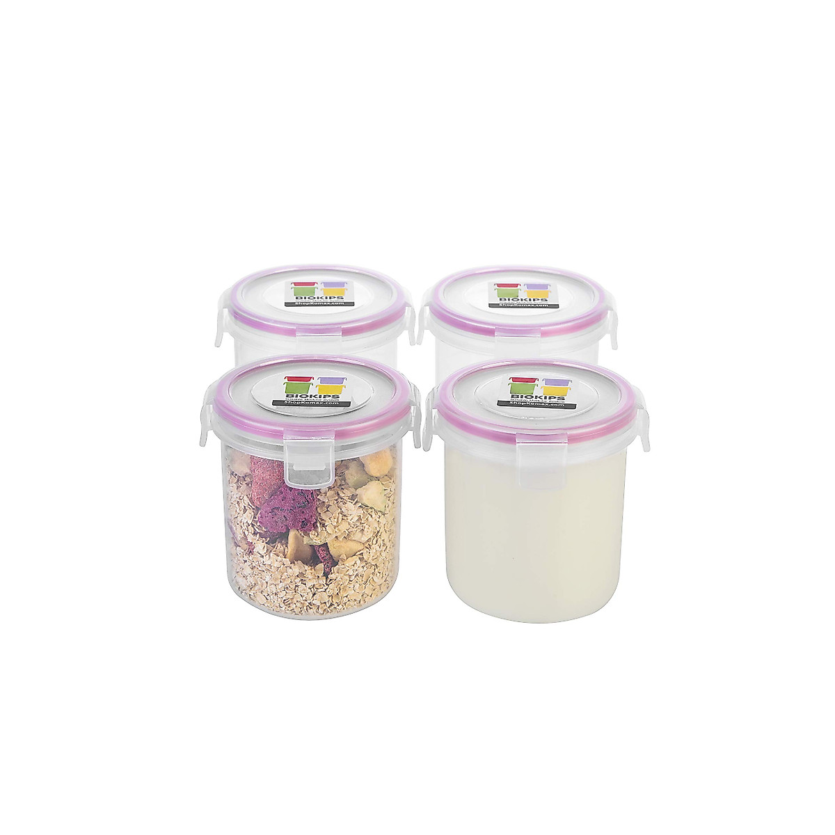 Komax Biokips Overnight Oats Containers with Lids Set of 4 – Round Airtight Food Storage Containers for Oatmeal, Cereal, Milk & More – BPA-Free Meal Prep Container Set w/Locking Lids (18.6 oz)