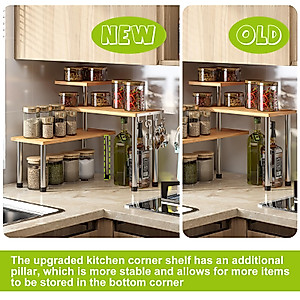 BMOSU Kitchen Corner Shelf Countertop Organizer with Hooks Adjustable Spice Rack Corner Display Rack Shelf Cabinet Counter Shelves(Bamboo)