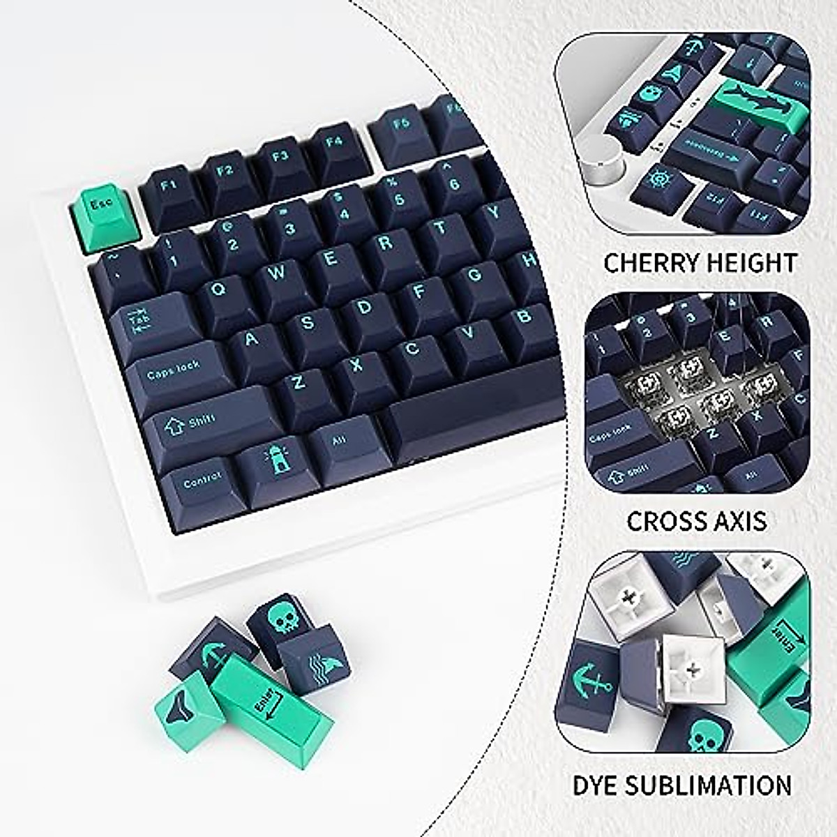 GEKUCAP Custom Keycaps, 129 Keys Dark Blue Keycaps, Dye Sublimation PBT Key Caps, Cherry Profile Keycaps Hammerhead Shark English Set for Cherry MX Gateron Kailh Switches Mechanical Keyboards