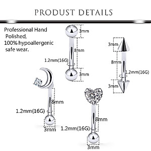 Hoeudjo 12Pcs 16G Stainless Steel Rook Daith Earrings for Women Small Belly Rings Vertical Lip Stud Surface Tragus Body Piercing Jewelry Curved Barbell Eyebrow Rings for Men