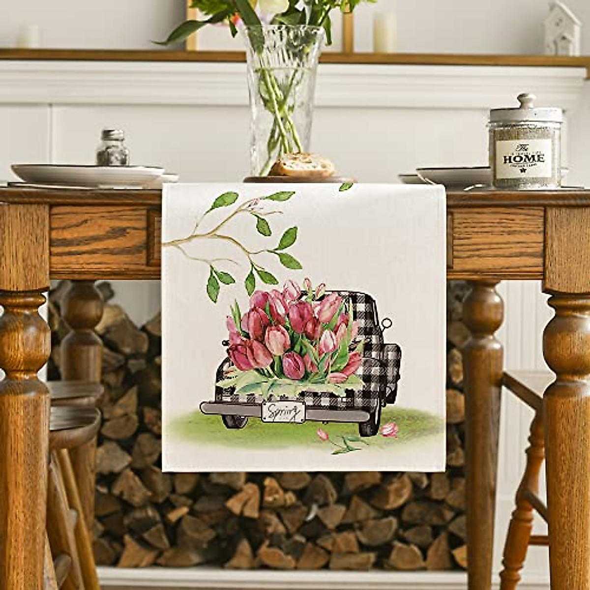 Artoid Mode Tulip Buffalo Plaid Truck Spring Table Runner, Summer Seasonal Anniversary Holiday Kitchen Dining Table Decoration for Indoor Outdoor Home Party Decor 13 x 72 Inch