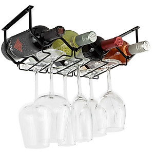 Wallniture Piccola Under Cabinet Wine Rack & Glasses Holder Kitchen Organization with 4 Bottle Organizer Metal Black
