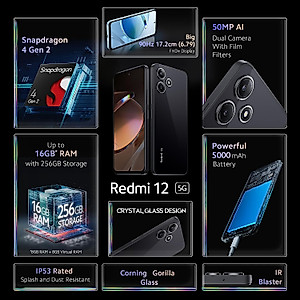Xiaomi Redmi 12 5G | Unlocked Dual-SIM Android Smart Phone | 90Hz 6.79" FHD+ Display | 50MP Al Dual Camera | 5000 mAh Battery | Snapdragon 4 Gen 2 with 5G | Midnight Black