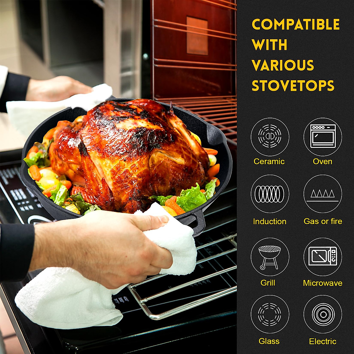 GGC Cast Iron Skillet Pan with Double Handles for Stove Tops, Oven, Grill, Smoker, Induction or Campfire, 12" Camping Skillet Pan for Indoor and Outdoor Cooking