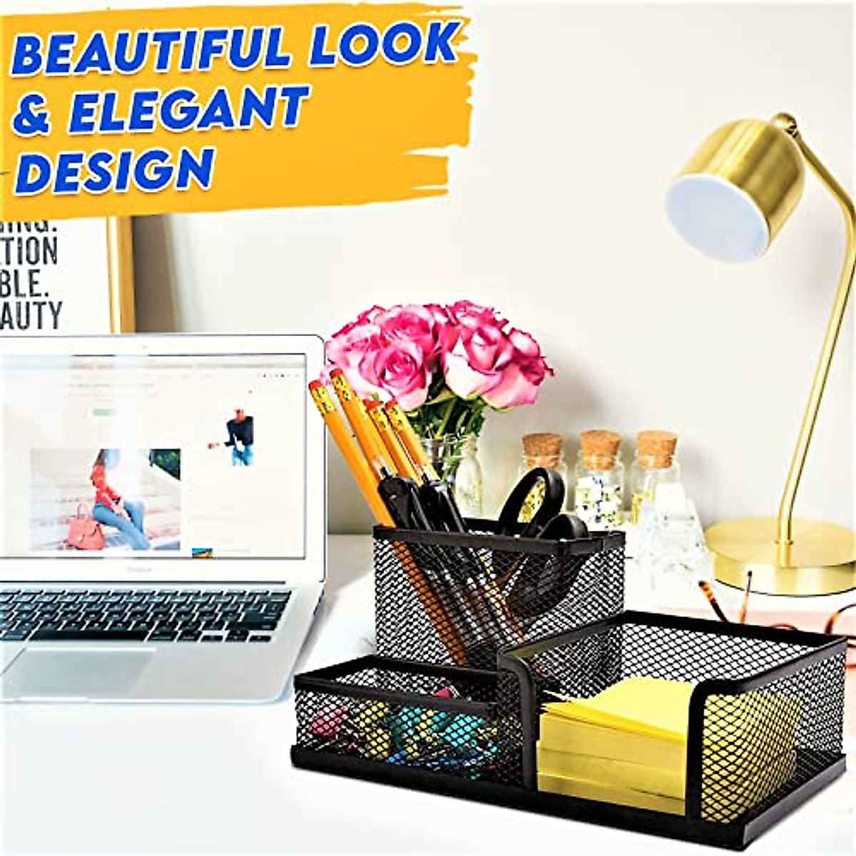 SAWYBISH 2 Pack 3 in 1 Mesh Pen Holder for Desk, 3 Compartments Pencil Holder Desk Organizer Caddy with Sticky Notes Holder Easy Storage Suitable for Home, Office and School