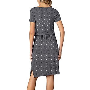 Women Summer Sleeve Pocket Modest Work Casual Midi Knee Dress Polka Dot Gray L