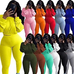 Women Ribbed 2 Piece Outfit Fall Winter Crop Tops Skinny Long Pants Bodycon Tracksuit Sweat Suit Set Jumpsuit Army Green XL