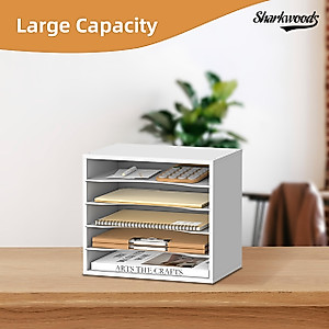 SHARKWOODS 5-Tier Paper Organizer for Desk, Wood Desktop Organizer with Adjustable Letter Tray, Mail Sorter for Office School & Home, White