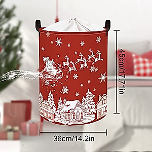 Clastyle 45L Red Snow House Laundry Basket Santa Claus Laundry Hamper Christmas Ornament Storage Basket with Drawstring Reindeer Snowflake Nursery Hamper for Gifts, 14.2x17.7 in