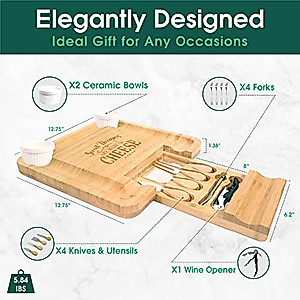 KITCHENVOY Bamboo Cheese Board Set with Slide-Out Drawer, Knife Set, Ceramic Bowls - Sweet Dreams Are Made of Cheese - Charcuterie Boards Gift Set for Christmas, Birthday, Housewarming, Wedding