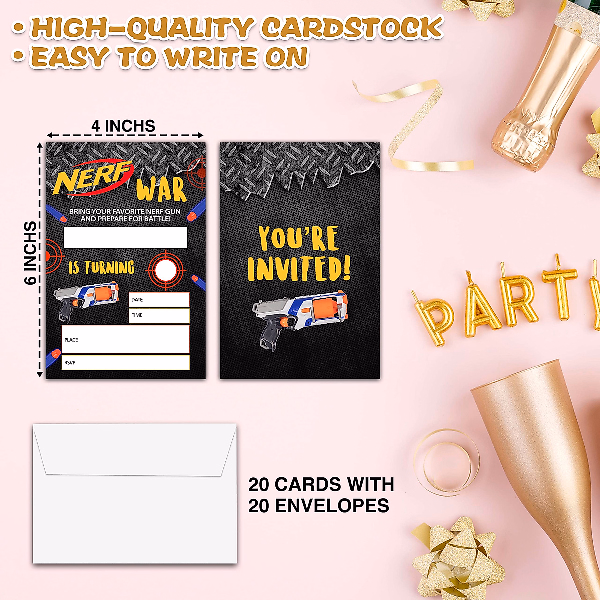 Chuxvon Dart Guns Birthday Party Invitations, Darts Birthday Invitation, Double-Sided Fill In Invites, Kids Dart Gun Birthday Party Decorations, 20 Cards With 20 Envelopes(C16)