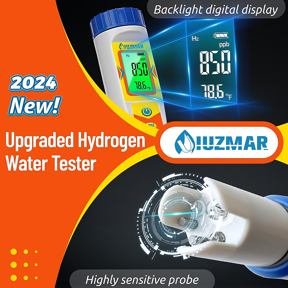 UIUZMAR Hydrogen Water Tester pH Meter 6 in 1 pH H2 ORP TDS EC Temp Tester Dissolved Hydrogen Tester for Hydrogen Water Bottle pH and ORP Meter for Household Drinking Water Hydroponics Pool