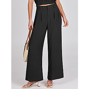 Caracilia Womens Summer Linen Palazzo Pants Wide Leg High Waist Business Casual Work Lightweight Trousers Loose Pleated Elastic Waist Dressy Pants 2024 Black Fashion Outfits with Pocket C118A3-heise-L
