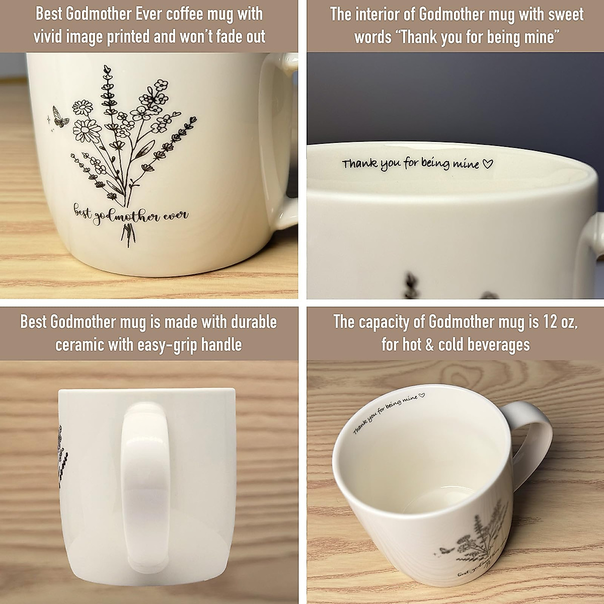 MALLAbyLAMMA Best Godmother Mug Flower 12 Ounce Ceramic, Godmother Keychain, Best Godmother Ever Gift from Godchild, Godmother Coffee Mug, Gift for Godmother Birthday Mothers Day Christmas