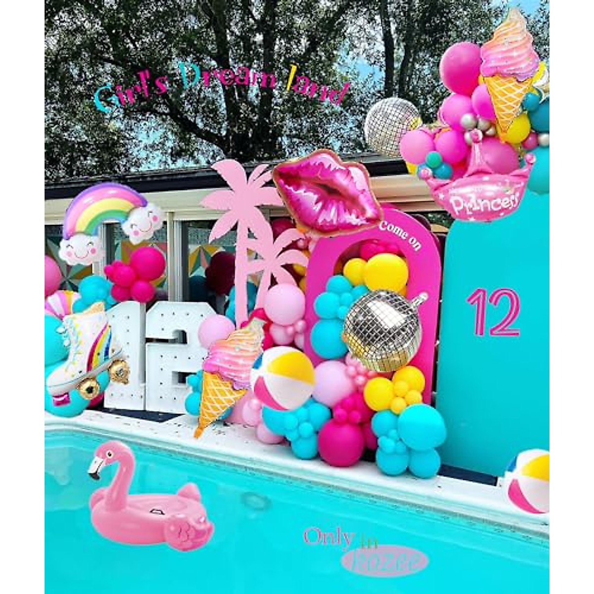 Kozee Pink Teal Balloon Garland Arch Kit with Hot Pink Silver Disco roller skate Balloon for princess theme Birthday Party Girl Summer by Beach Pool party decorations