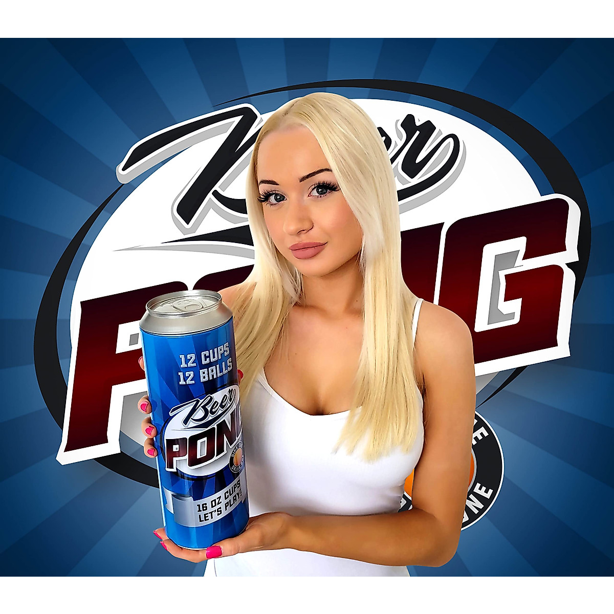 Komonee Beer Pong Novelty Can American Adult Indoor Party Drinking Game Including 12 Printed Wide Rimmed Red and Blue Re-usable Cups and 12 High Bounce ABS Orange Balls