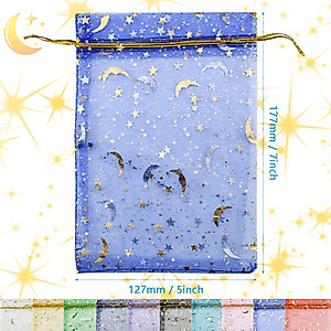 SHRJ 100pcs 10 Colors Organza Sheer Bags with Drawstring for Wedding, Valentine, Halloween, Christmas, Thanksgiving, Birthday Party Candy Gift Supplies, Moon Star, 5” x 7”